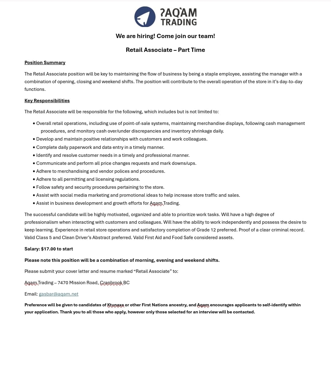ʔaq'am Trading - Retail Associate - Part Time - Ktunaxa Ready Business ...